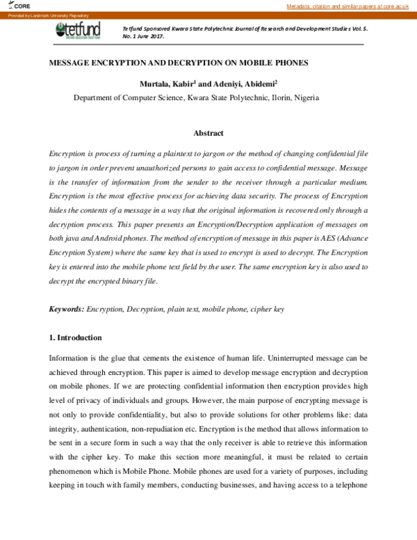 (PDF) Message Encryption and Decryption on Mobile Phones