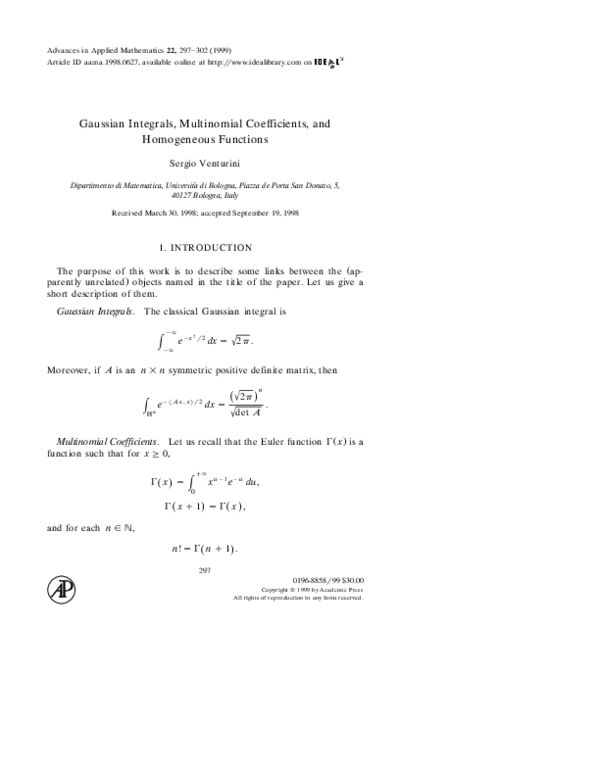 (PDF) Gaussian Integrals, Multinomial Coefficients, and Homogeneous Functions