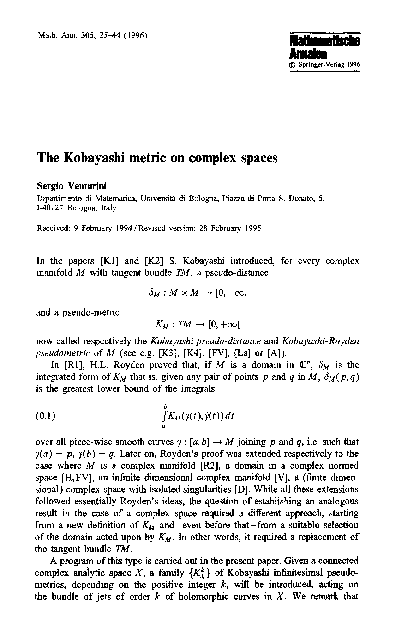 (PDF) The kobayashi metric on complex spaces