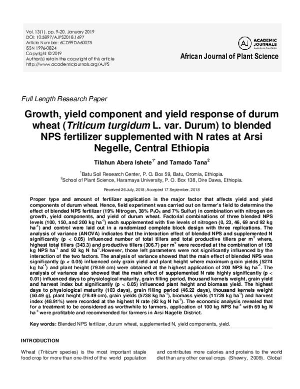 (PDF) Growth, yield component and yield response of durum wheat ...