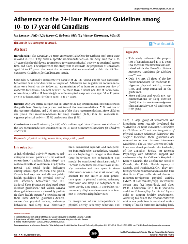 (PDF) Adherence to the 24-Hour Movement Guidelines among 10- to 17-year ...