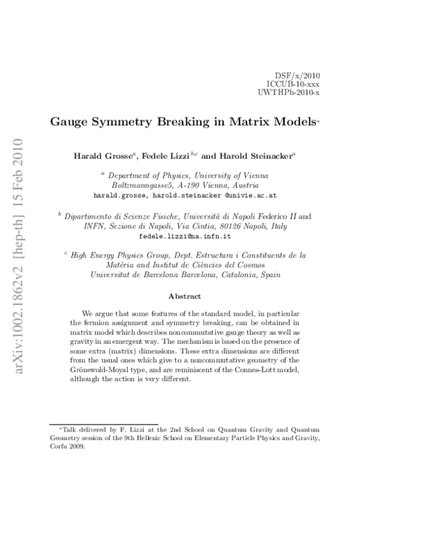 (PDF) Gauge symmetry breaking in matrix models