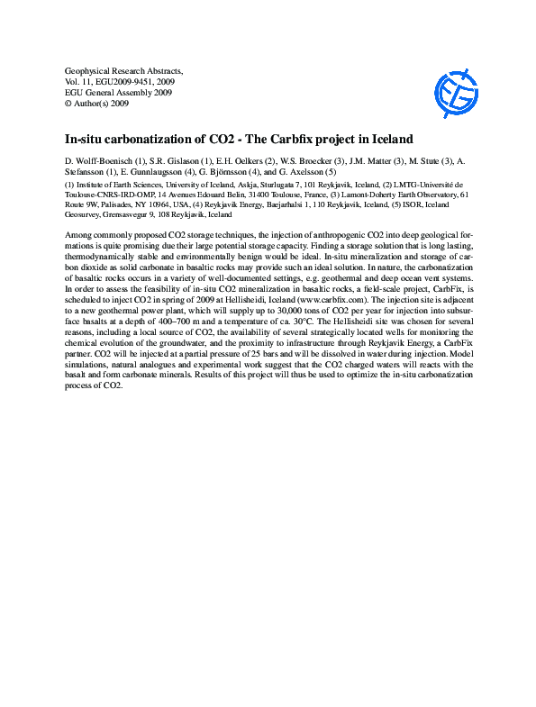 (PDF) In-situ carbonatization of CO2 - The Carbfix project in Iceland