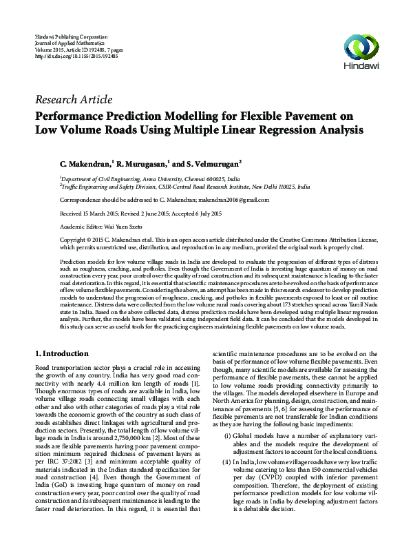 (PDF) Performance Prediction Modelling for Flexible Pavement on Low Volume Roads Using Multiple ...