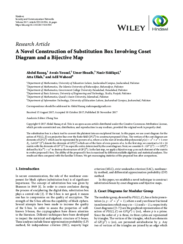(PDF) A Novel Construction of Substitution Box Involving Coset Diagram ...