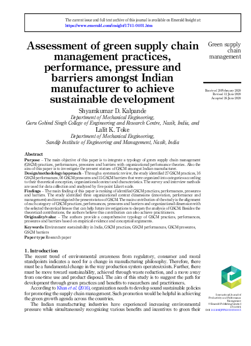 (PDF) Assessment of green supply chain management practices ...