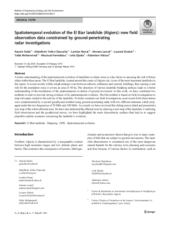 (PDF) Spatiotemporal evolution of the El Biar landslide (Algiers): new field observation data ...