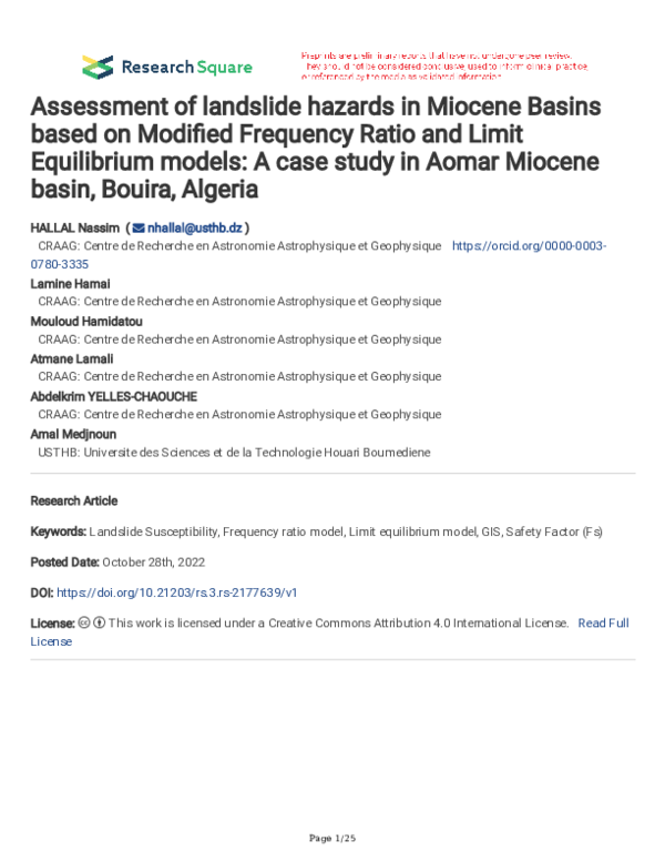 (PDF) Assessment of landslide hazards in Miocene Basins based on Modified Frequency Ratio and ...