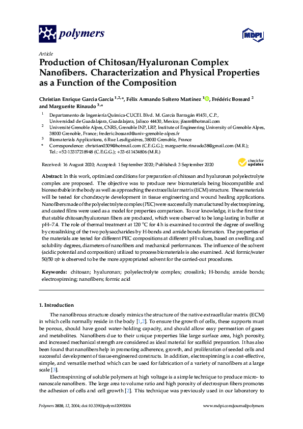 (PDF) Production of Chitosan/Hyaluronan Complex Nanofibers. Characterization and Physical ...