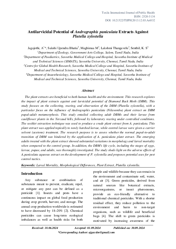 Pdf Antilarvicidal Potential Of Andrographis Paniculata Extracts Against Plutella Xylostella