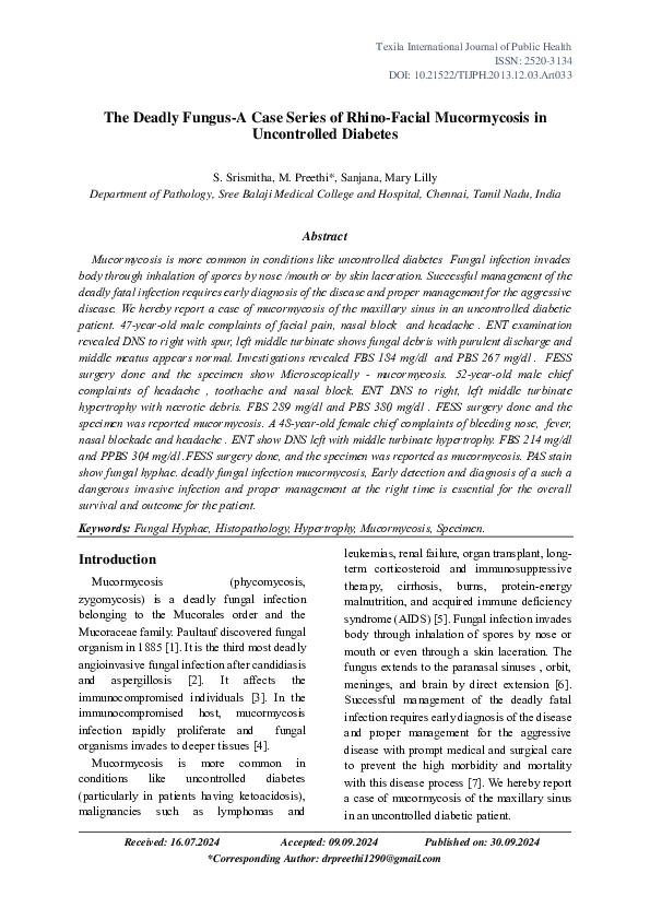 Pdf The Deadly Fungus A Case Series Of Rhino Facial Mucormycosis In Uncontrolled Diabetes