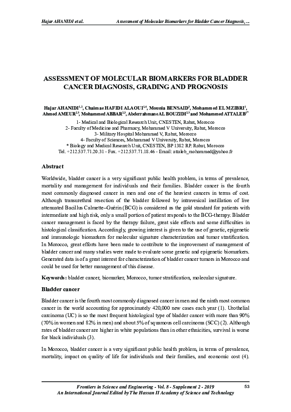 (PDF) Assessment of Molecular Biomarkers for Bladder Cancer Diagnosis, Grading and Prognosis