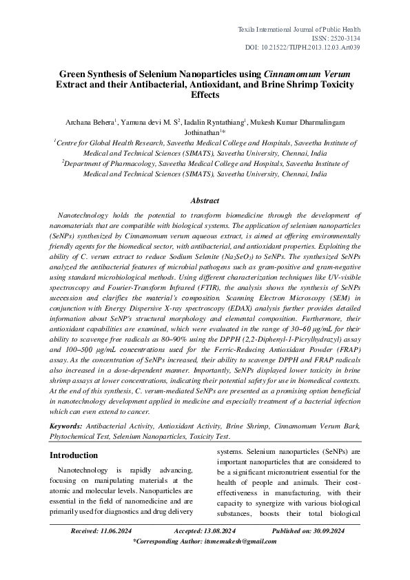 (PDF) Green Synthesis of Selenium Nanoparticles using Cinnamomum Verum Extract and their ...