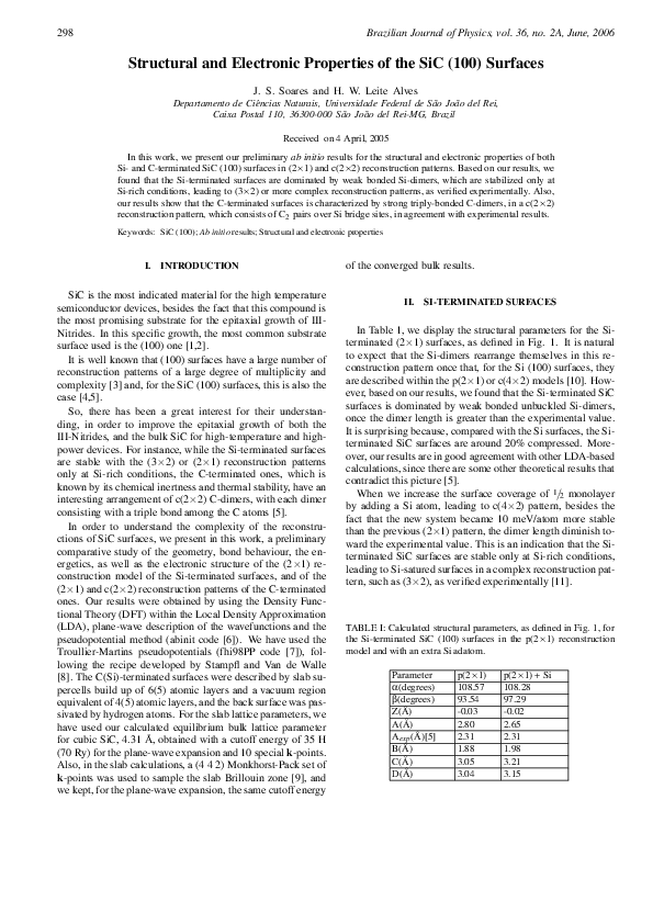 (PDF) Structural and electronic properties of the SiC (100) surfaces