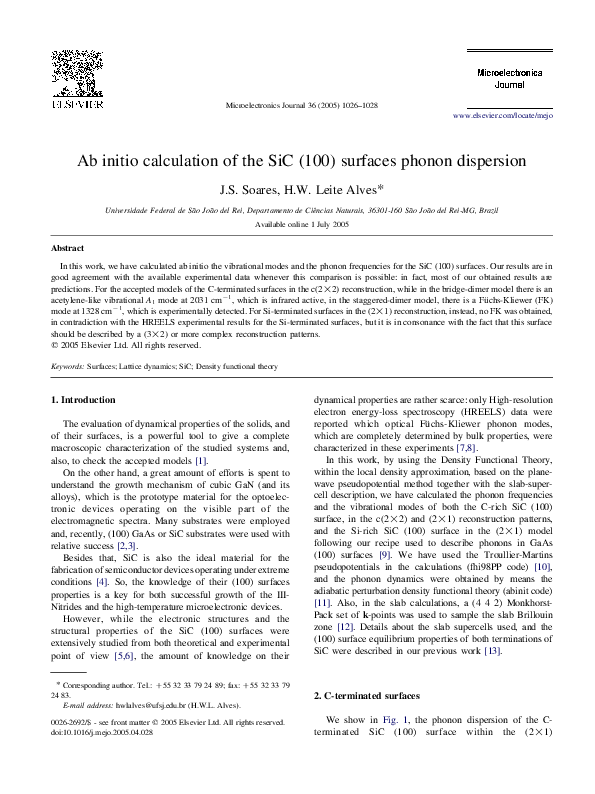 (PDF) Ab initio calculation of the SiC (100) surfaces phonon dispersion