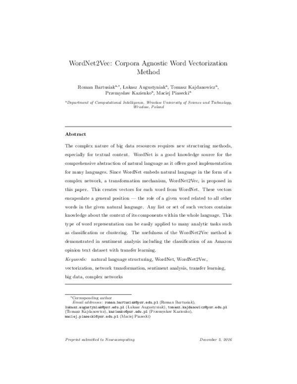 (PDF) WordNet2Vec: Corpora Agnostic Word Vectorization Method