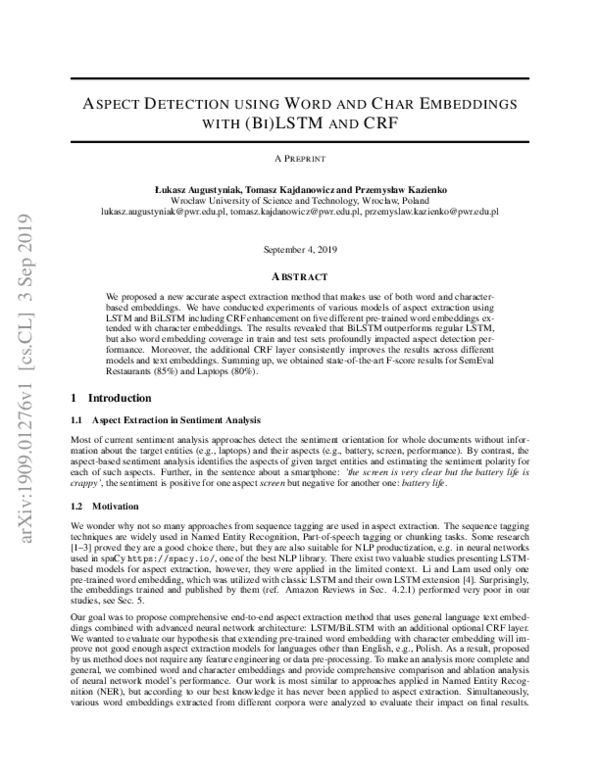Aspect Detection Using Word And Char Embeddings With Bi Lstm And Crf