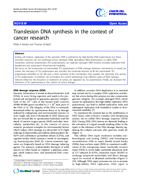 (PDF) Translesion DNA synthesis in the context of cancer research | Tom Marti - Academia.edu