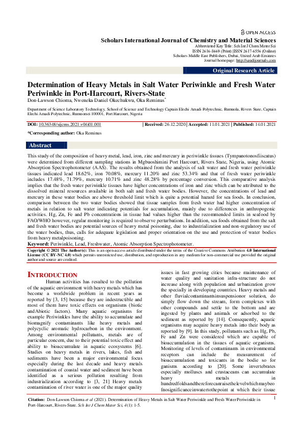 (PDF) Determination of Heavy Metals in Salt Water Periwinkle and Fresh ...