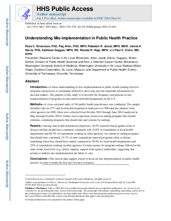 (PDF) Understanding Mis-implementation in Public Health Practice
