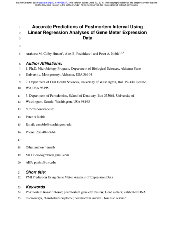 (PDF) Accurate Predictions of Postmortem Interval Using Linear Regression Analyses of Gene Meter ...