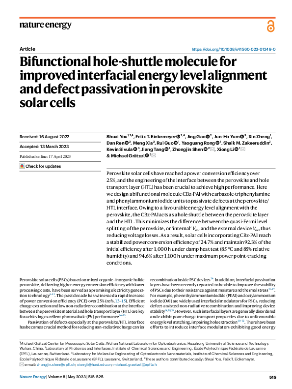 (PDF) Bifunctional hole-shuttle molecule for improved interfacial energy level alignment and ...