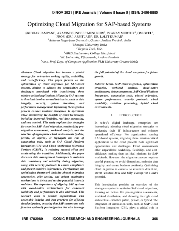 (PDF) Optimizing Cloud Migration for SAP-based Systems | Sridhar Jampani - Academia.edu