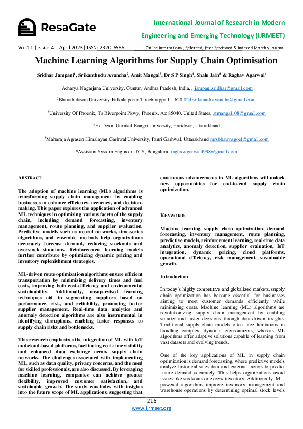 (PDF) Machine Learning Algorithms for Supply Chain Optimisation