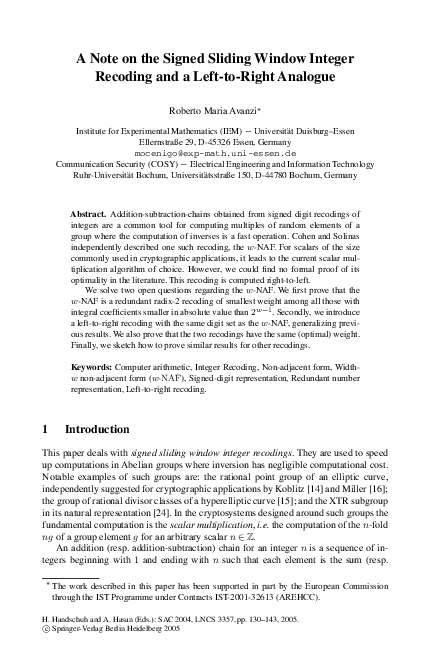 (PDF) A Note on the Signed Sliding Window Integer Recoding and a Left-to-Right Analogue ...