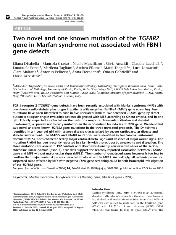 (PDF) Two novel and one known mutation of the TGFBR2 gene in Marfan ...