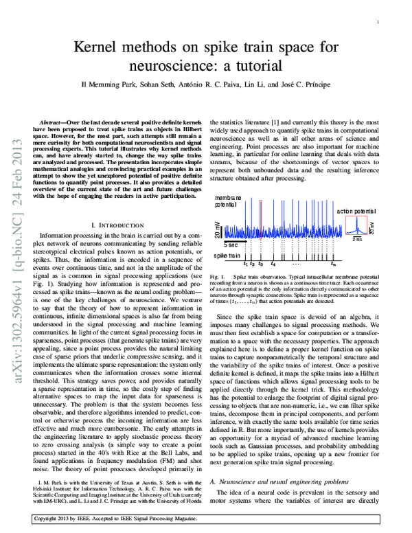 (PDF) Kernel Methods on Spike Train Space for Neuroscience: A Tutorial