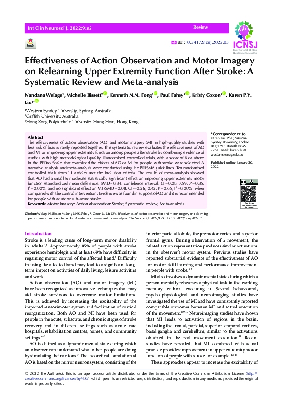 (PDF) Effectiveness of Action Observation and Motor Imagery on Relearning Upper Extremity ...