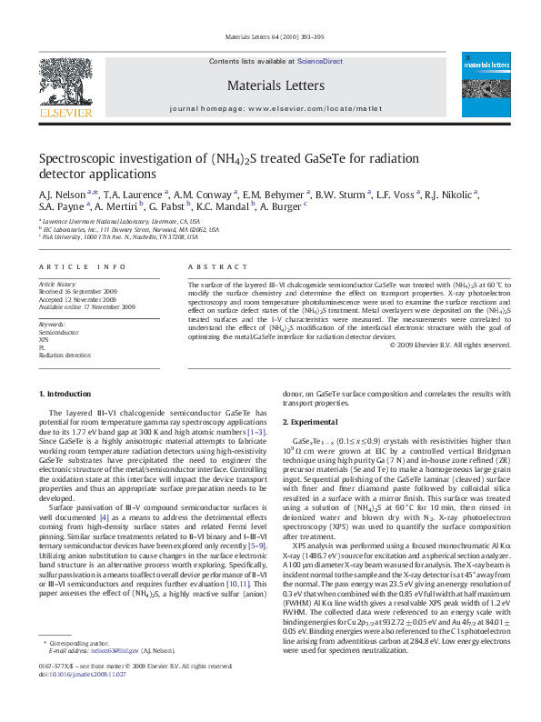 (PDF) Spectroscopic investigation of (NH4)2S treated GaSeTe for ...
