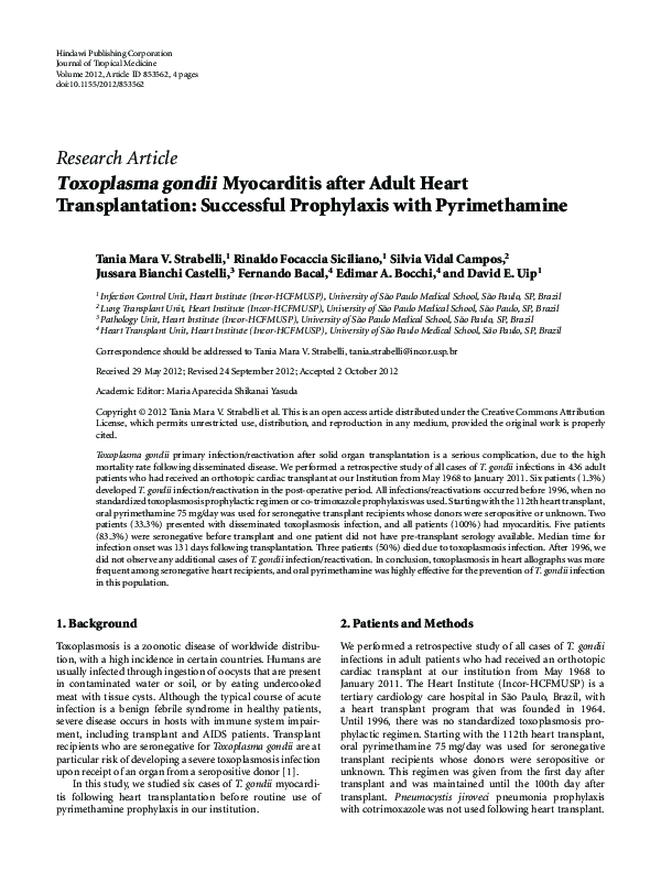 (PDF) Toxoplasma gondiiMyocarditis after Adult Heart Transplantation ...