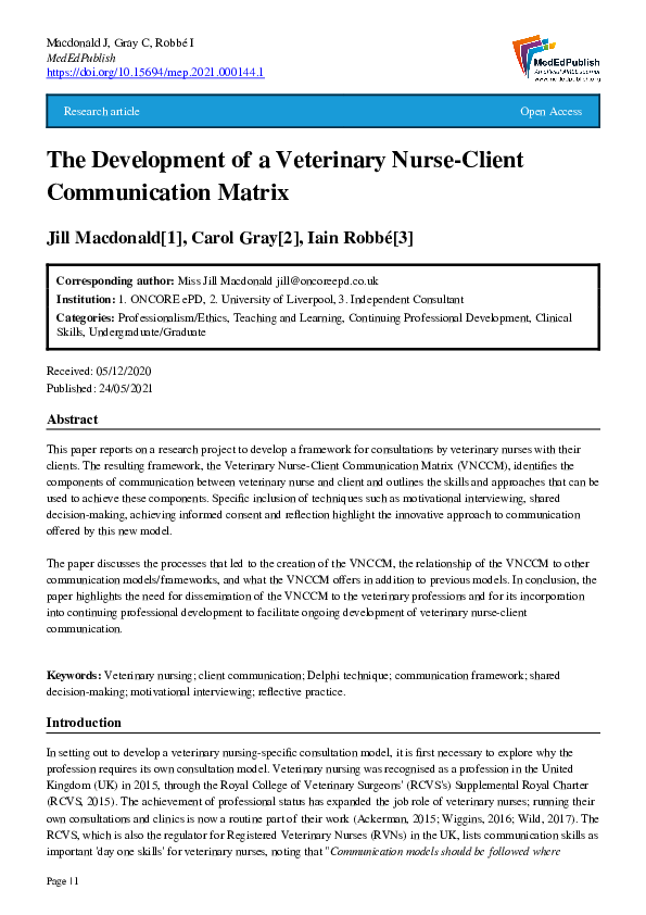 (PDF) The Development of a Veterinary Nurse-Client Communication Matrix