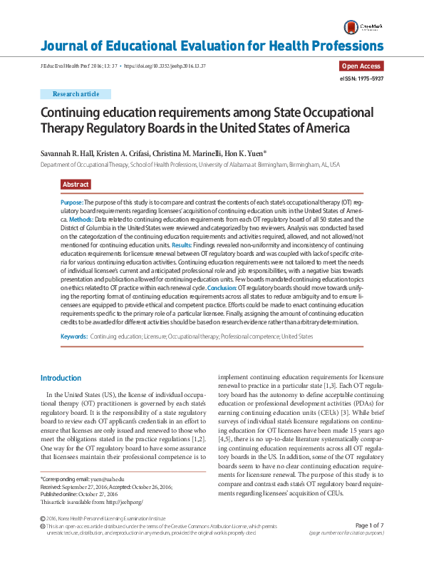 (PDF) Continuing education requirements among State Occupational Therapy Regulatory Boards in ...