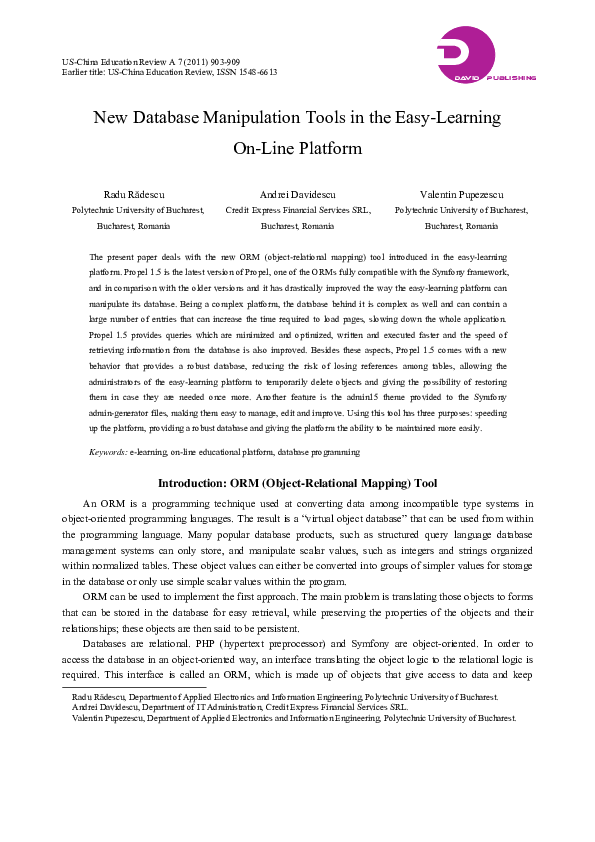 (PDF) New Database Manipulation Tools in the Easy-Learning On-Line Platform