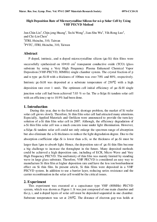 (PDF) High Deposition Rate of Microcrystalline Silicon for n-i-p Solar ...