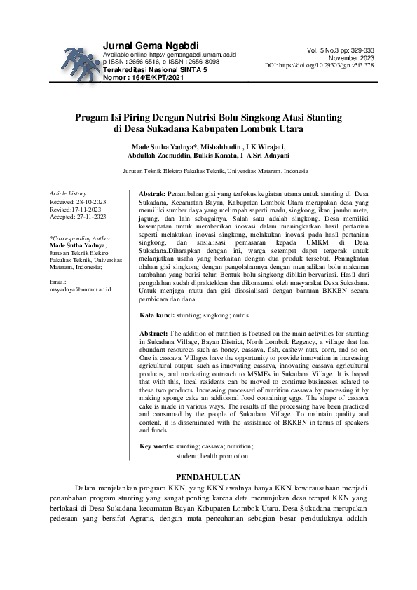 (PDF) Progam Isi Piring Dengan Nutrisi Bolu Singkong Atasi Stanting di Desa Sukadana Kabupaten ...