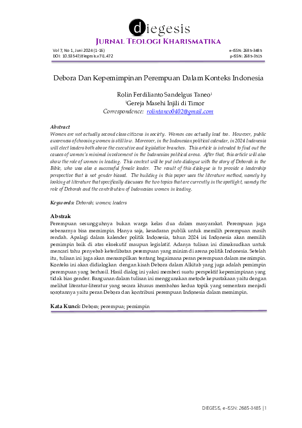 (PDF) Rolin_Debora Dan Kepemimpinan Perempuan Dalam Konteks Indonesia