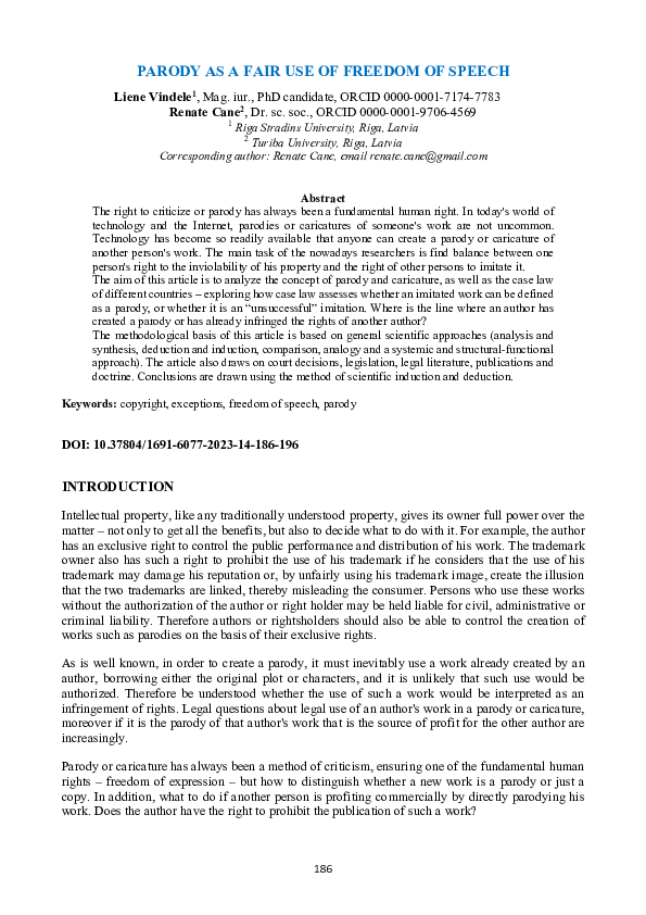 (PDF) Parody as a Fair Use of Freedom of Speech