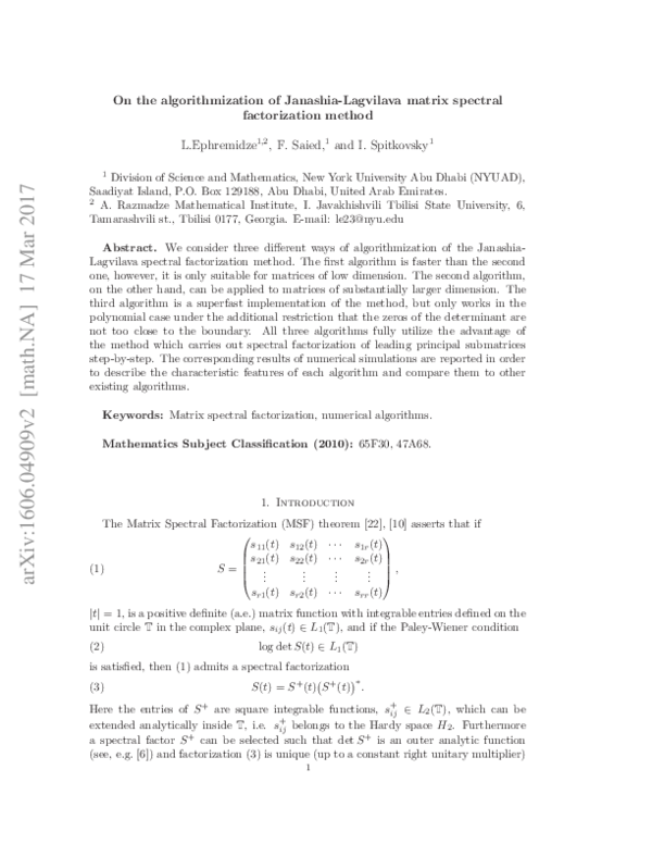 (PDF) On algorithmization of Janashia-Lagvilava matrix spectral factorization method