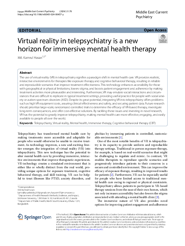 (PDF) Virtual reality in telepsychiatry is a new horizon for immersive mental health therapy