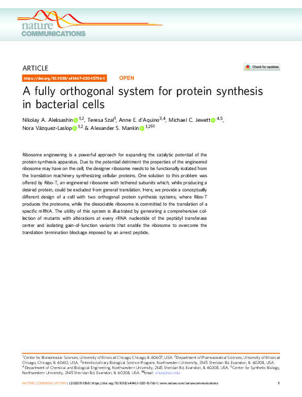 (PDF) A fully orthogonal system for protein synthesis in bacterial cells