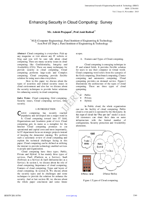 (PDF) Enhancing Security in Cloud Computing : Survey