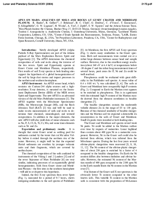 (PDF) APXS on Mars: Analyses of Soils and Rocks at Gusev Crater and ...