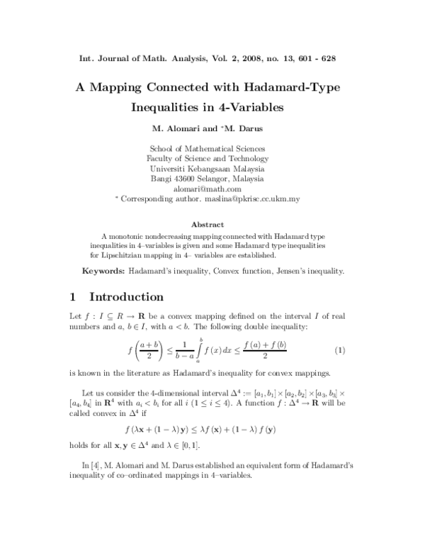 (PDF) A mapping connected with Hadamard-type inequalities in 4-variables