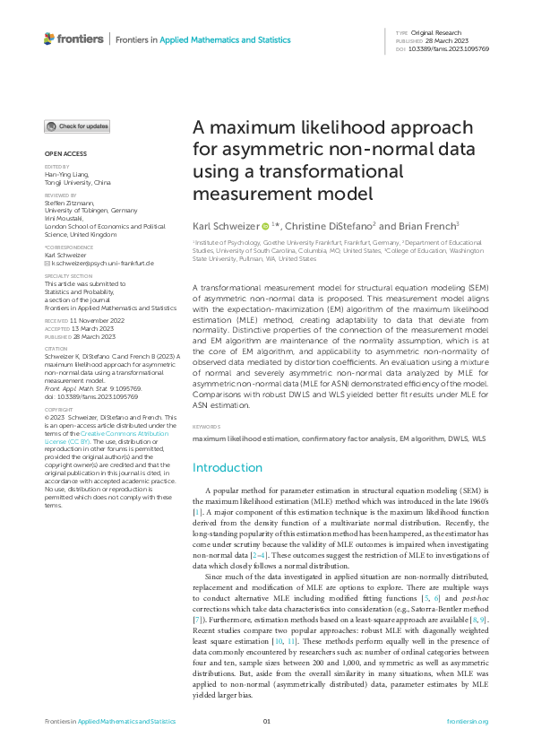 Pdf A Maximum Likelihood Approach For Asymmetric Non Normal Data Using A Transformational