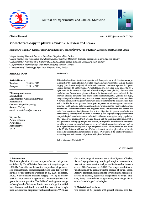 (PDF) Videothoracoscopy in pleural effusions: A review of 41 cases