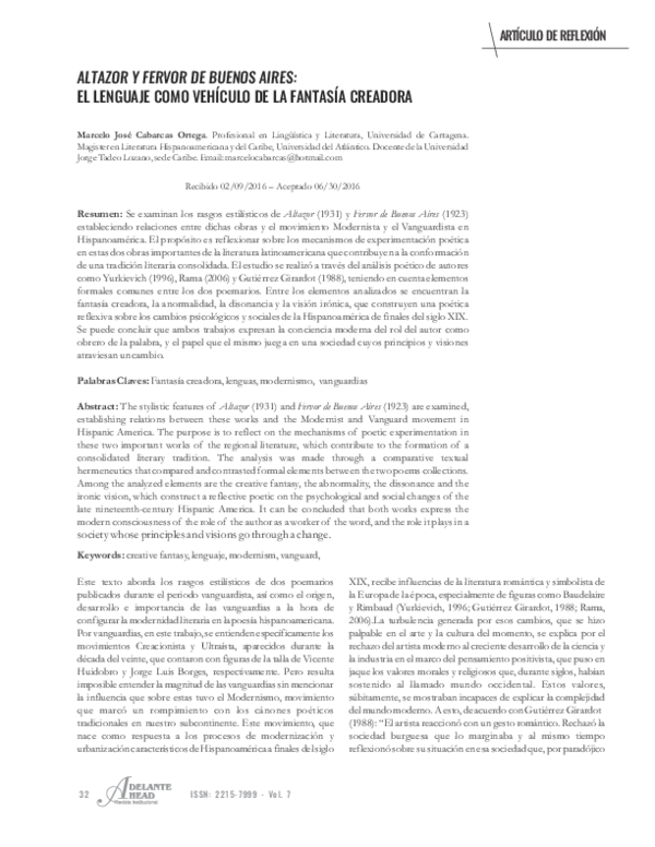 (PDF) Altazor y Fervor de Buenos Aires el lenguaje como vehículo de la ...
